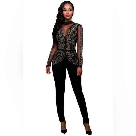 Pants & Jumpsuits | Black Studded Pattern Mesh Insert Jumpsuit Party ...